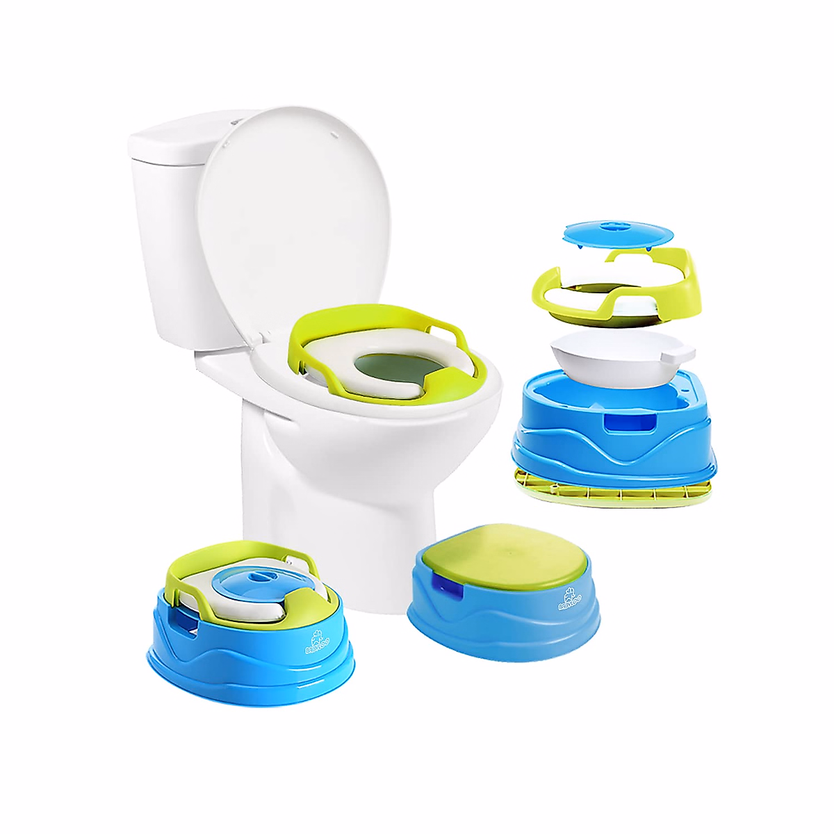 Babyloo 3 In 1 Bambino Booster Potty Training System with Free Standing Potty, Step Stool, and Toilet Mount for 1 to 6 Year Olds, Blue and Green