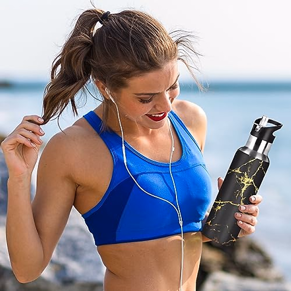 Poeticcity Black Marble with Golden Veins Luxury Abstract Texture Rip Style Stainless Steel Water Bottle, Leak-Proof Vacuum Hot Cold Insulated Travel Mug, Double Walled with Handle Cup Bottle 20 Oz