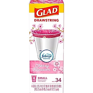 Glad OdorShield Small Drawstring Trash Bags, 4 Gallon Trash Bag, Febreze Cherry Blossom, 34 Count (Package May Vary)