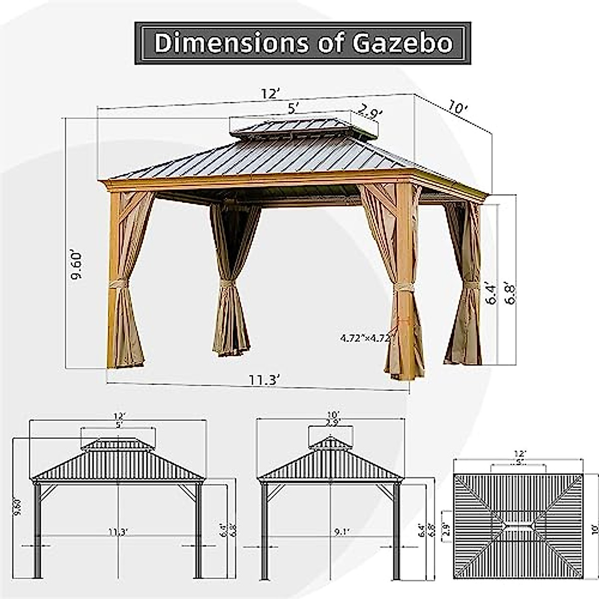 Evedy 10x12FT Hardtop Gazebo,Outdoor Permanent Metal Pavilion,Wooden Coated Aluminum Frame Canopy with Galvanized Steel Double Roof,Gazebo with Curtains and Netting for Patio, Deck and Lawn