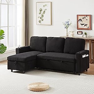 FANYE L-Shaped 3 Seater Reversible Sleeper Sectional Convertible Sofabed Comfortable Corduroy Upholstered Corner Sofa with Pull Out Sleep Couch Bed and Cupholders for Compact Space Living Room