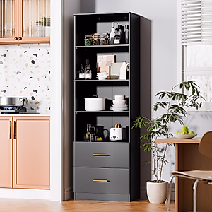 Cozy Castle 74.1'' Bookcase with Drawers, 4 Shelf Bookcase with Adjustable Shelve, 4-Tier Freestanding Tall Bookcase, Black Bookshelf for Bedroom, Living Room, Office, Black