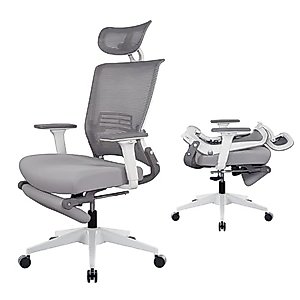 Foldable Ergonomic Office Chair, High Back Desk Chair with Footrest, Mesh Back Computer Chair with 2D Headrest, 2D Armrest, Adjustable Lumbar Support, Soft Sponge Seat, Swivel Task Chair, Gray