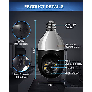E27 360° Security Cameras Wireless Outdoor, 2.4GHz & 5G WiFi Light Bulb Security Camera, 1080p Video Surveillance for Home Security, Indoor Night Vision Cam System, Motion Detection, Two-Way Talk
