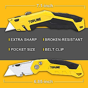 TOPLINE 2-Pack Utility Knife, Retractable Box Cutter and Folding Pocket Knife, Blade Storage Design, 18-Piece SK5 Blades and a Dispenser Included (Yellow)