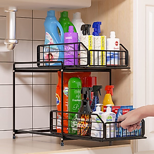 STILLDIO Metal Under Sink Organizer and Storage with 2 Tier Slide Out Wire Baskets Sliding Drawers for Kitchen Bathroom Office Toilet Under Cabinet Shelf Countertop Heavy Duty Collection Space Saver
