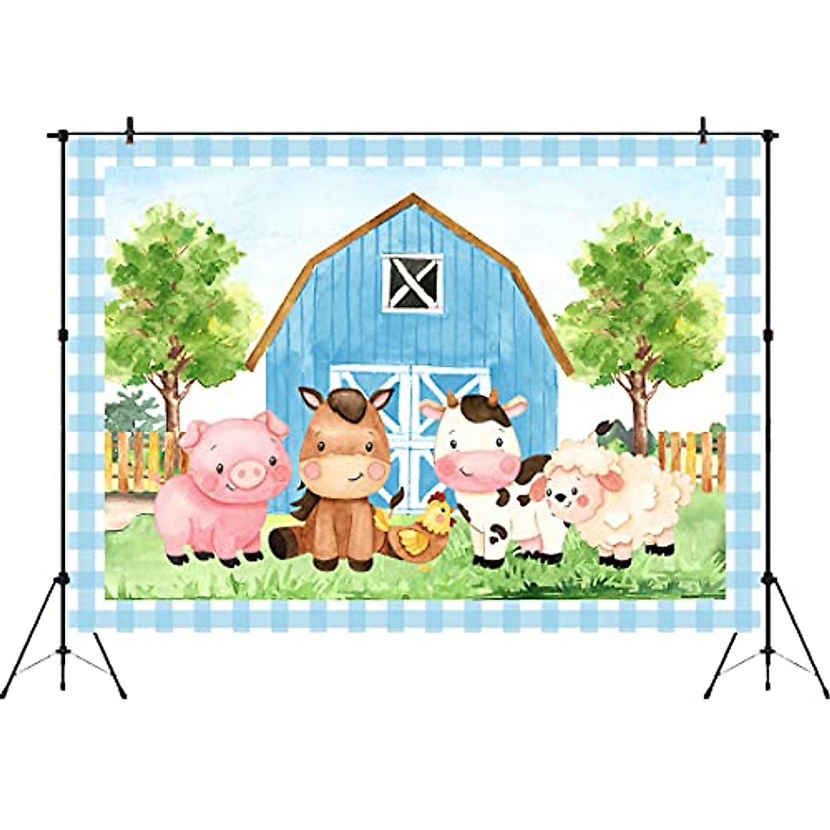 Aperturee 7x5ft Cartoon Farm Animals Photography Backdrop Blue Barn Barnyard Baby Shower Happy Birthday Photography Background Newborn Party Decoration Banner Photo Booth Cake Table Supplies