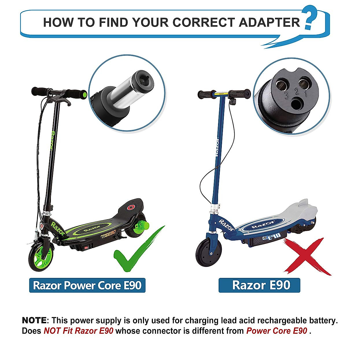 PwrON 12V 1A AC DC Adapter Compatible with for Razor Power Core E90, ePunk, XLR8R, Electric Scream Machine, Kids Ride On Toys, Electric Scooter Power Supply Adapter - 6.6FT Cable