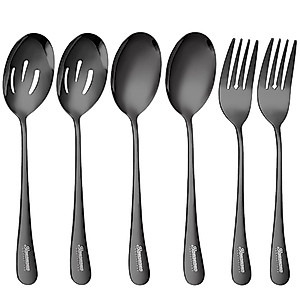 Stainless Steel Serving Spoon x 2, Slotted Serving Spoon x 2, Serving Forks x 2, 8.5 Inch Serving Utensils Set of 6 for Catering, Dishwasher safe (Silver)