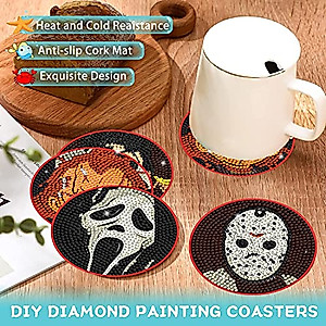 ICECHEN 8 Pcs Diamond Paintings Coasters Kits with Holder, DIY Halloween Coaster Diamond Art Kits,Full Drill Rhinestone Painting Kits for Adults & Kids,Beginners Art Craft Supplies