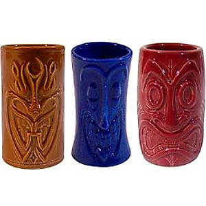 KC Hawaii Tiki Shot Glasses 2 Oz. Comes with Brown, Blue, and Red