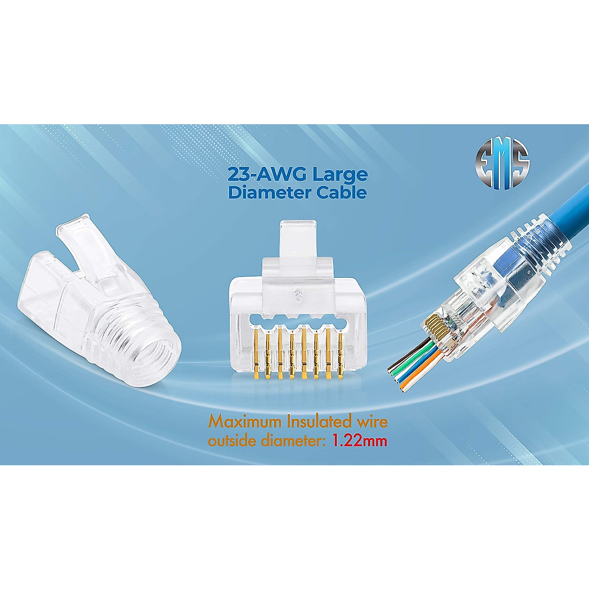 Bundle – 2 items: RJ45 Crimp Tool + 50/50 Pack of Cat6/6a Pass Through Connectors and Strain Relief Boot, for a Thick 23 AWG Large Diameter UTP Cable.