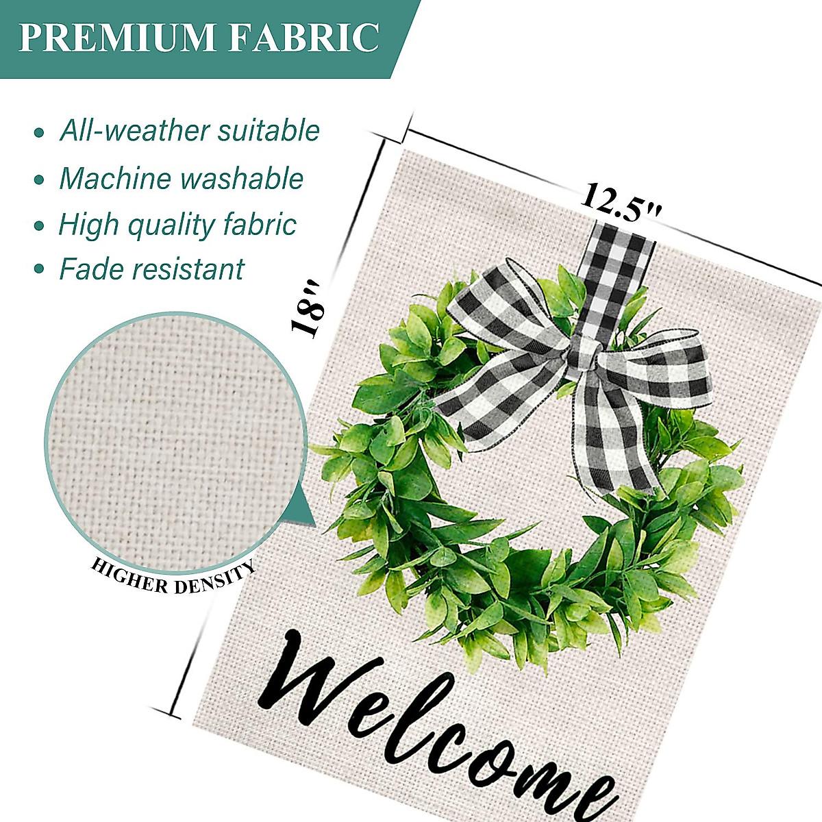 XIFAN Welcome Garden Flag Heavyweight Burlap Boxwood Wreath Flag Double Sided Buffalo Plaid Bow Small 12.5 x 18 Inch Spring Yard Farmhouse Outdoor Decoration
