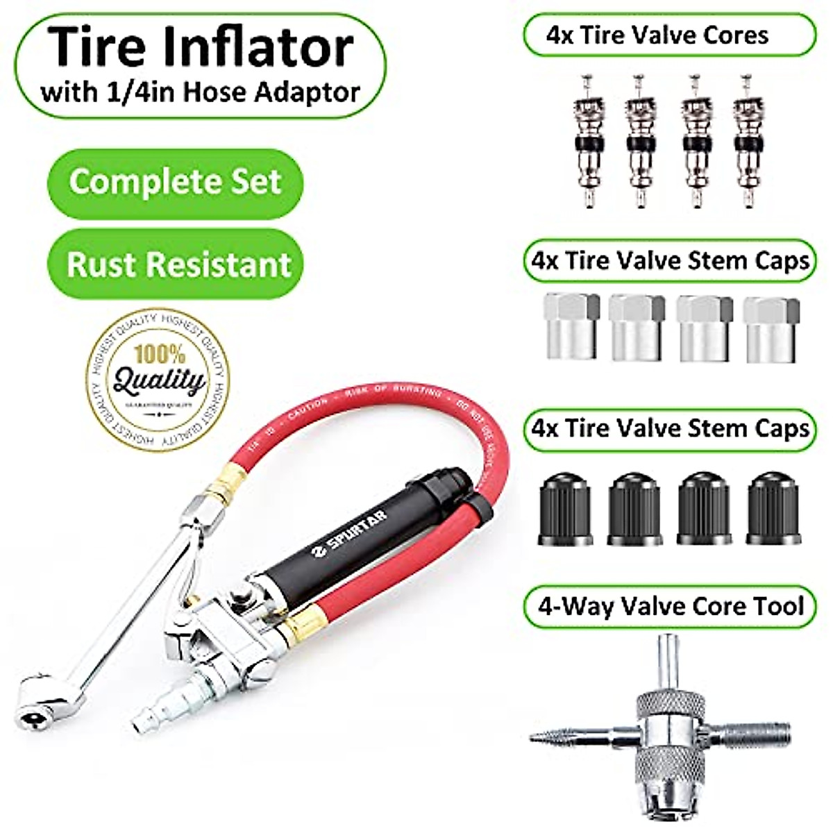 Spurtar 10-120 PSI Heavy Duty Tire Inflator Gauge Air Chuck with Pressure Gauge with 4 Way Tool and Valve Cores Tire Pressure Gauge with Inflator 12" Air Hose for Car Automotive Truck