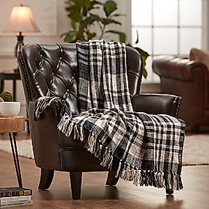 Chanasya Farmhouse Pattern Plaid Throw Blanket Lightweight Knit Textured Woven Decorative Blanket for Couch Bed Living Room Blanket with Tassels Fringed Throw Blanket (50x65 Inches) Black