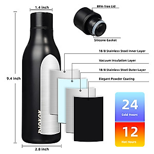 BJPKPK Insulated Water Bottles, 18 oz Stainless Steel Metal Water Bottle with Strap, BPA Free Leak Proof Thermos, Mugs, Flasks, Reusable Water Bottle for Sports & Travel, Black