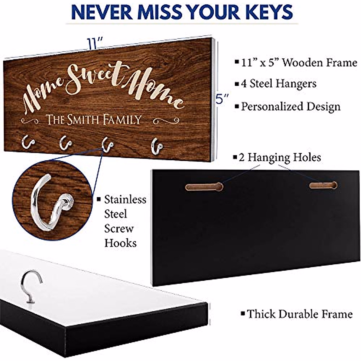 Key Hangers for Wall, Personalized Text Option w/Elegant 12 Design, 3 Wood Options, House Warming Present for New Home, Mr Mrs Wedding Gift for Couple, Custom Key Ring Holder for Wall - Key Rack