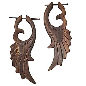 UMBRELLALABORATORY Tribal Organics Earrings Wooden Tropical Feathered Style Fake Gauges