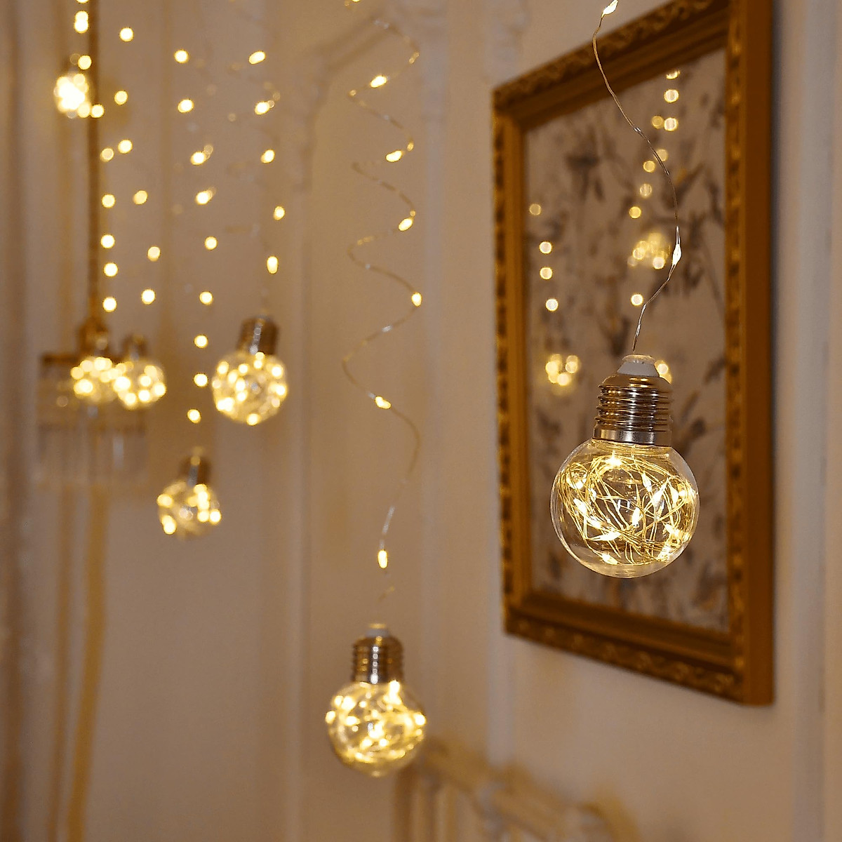 YOLIGHT Wishing Ball Curtain Lights 200 LED Window Curtain String Lights with Remote, USB Battery Powered Twinkle Globe Fairy Lights for Wedding Party Bedroom Christmas Decoration (Warm White)