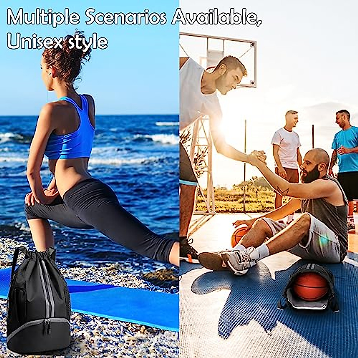 ZIXKUB Drawstring Backpack Gymbag Water Resistant Sports Sackpack with Zipper/Shoe Compartment/Wet Pocket/Mesh Pockets Gym Sack for Women Men Lightweight String Bag for Travel Soccer Swim, Black