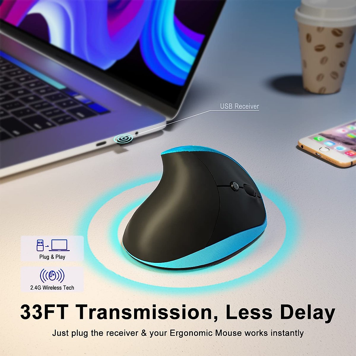 Vassink Ergonomic Mouse, Rechargeable Wireless Mouse Right Handed Small Mouse with 6 Buttons for Laptop,Desktop,PC, MacBook（Blue）