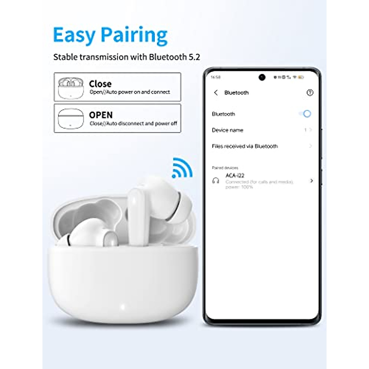 Wireless Earbuds 5.2 Bluetooth Headphones Deep Bass Noise Isolating Earphones with ENC Clear Call Microphone Touch Control IPX4 Sweat Resistant for iPhone 14 Pro Max Samsung S23 Ultra Google Pixel 7 6