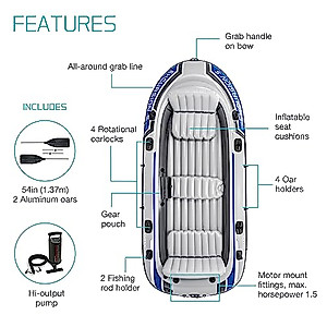 INTEX 68325EP Excursion 5 Inflatable Boat Set: Includes Deluxe 54in Aluminum Oars and High-Output Pump – Adjustable Seats with Backrest – Fishing Rod Holders – 5-Person – 1320lb Weight Capacity