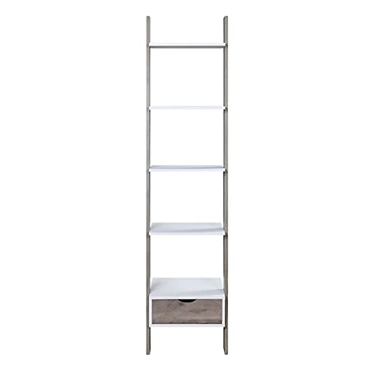 RAAMZO Two-Tone White and Weathered Grey Finish 5 Tier Bookcase Shelf Ladder Leaning with Drawer - 74" Height