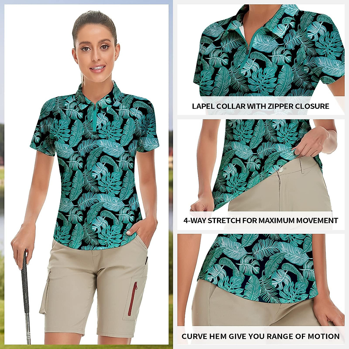 Women Summer Floral Print Polo Shirts Short Sleeve Golf Shirts Dry Fit (Green Printed, Large)