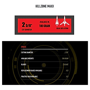 NEW ARCHERY PRODUCTS Killzone Maxx 2 Blade Rear-Deploying 100 Grain Cut-On-Contact Tip Mechanical Broadheads with 2 3/8" Cutting Diameter & Spring-Clip Design - 3 Pack