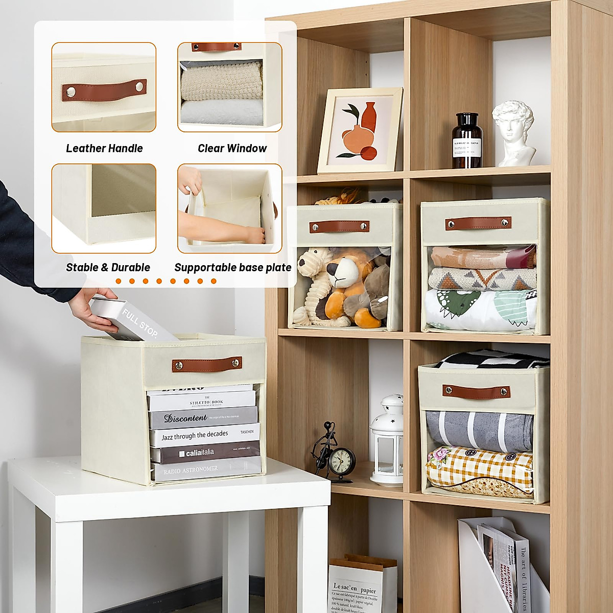 HNZIGE 11 Inch Cube Storage Bin for Storage Organizer,Shelf Fabric Storage Bin for Cube Organizer, Canvas Clear Cube Storage Bins,Collapsible Cubby Decorative for Cube Storage Cloth Home(Cream 4 PCS)