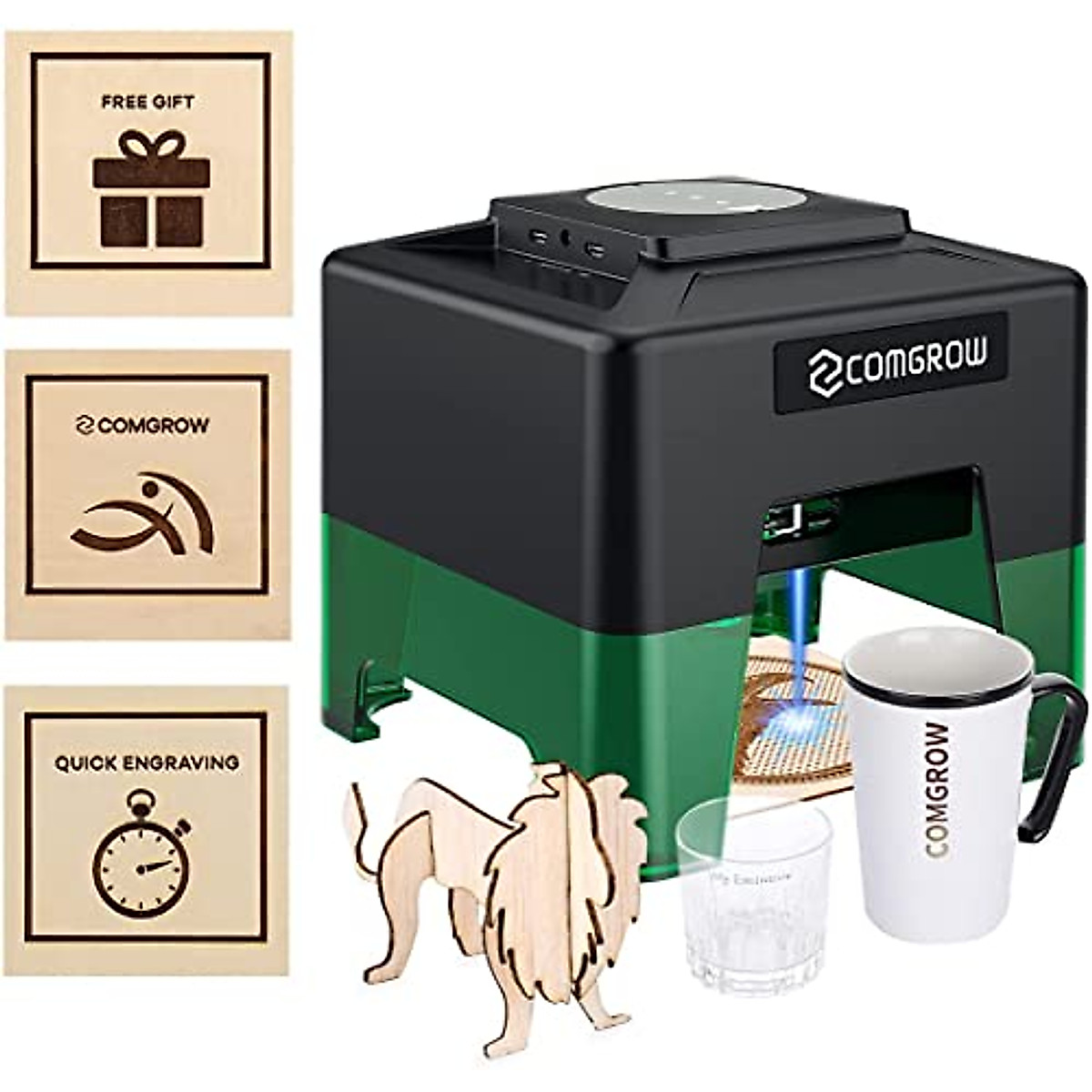 Comgrow Laser Engraving Machine for Dog Tag Metal Wood Silicone,Portable Desktop Laser Engraver Machine Tumblers Leather Glass Acrylic