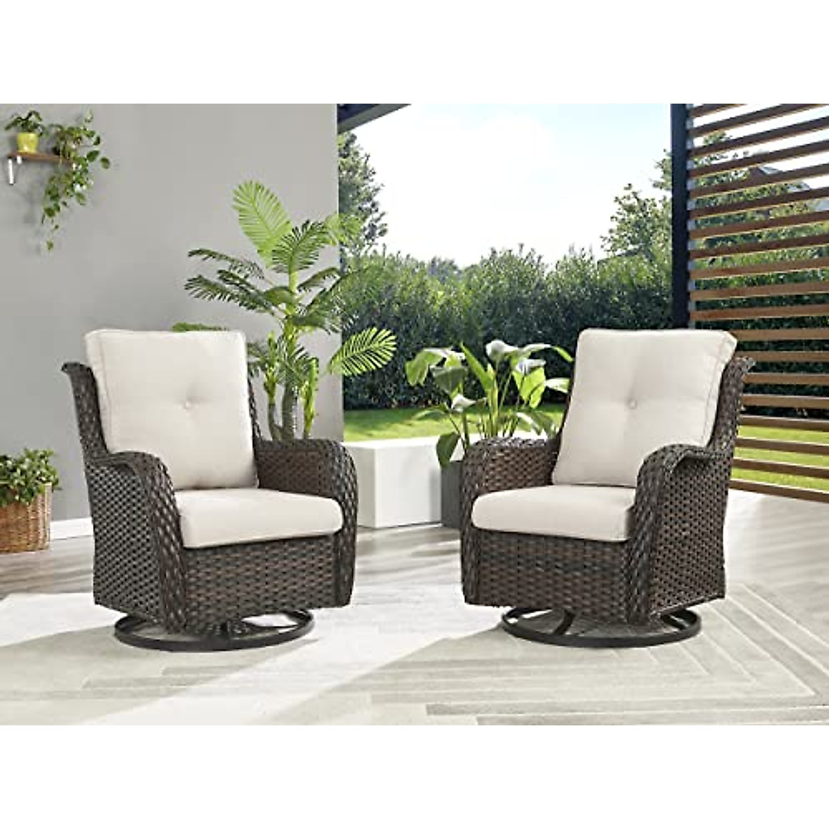 Rilyson Wicker Rocking Chair Swivel Chairs - 4 Piece Rocker Patio Chairs Set Rattan Rocking Chair for Outdoor Porch Deck Garden Backyard(Brown/Beige)