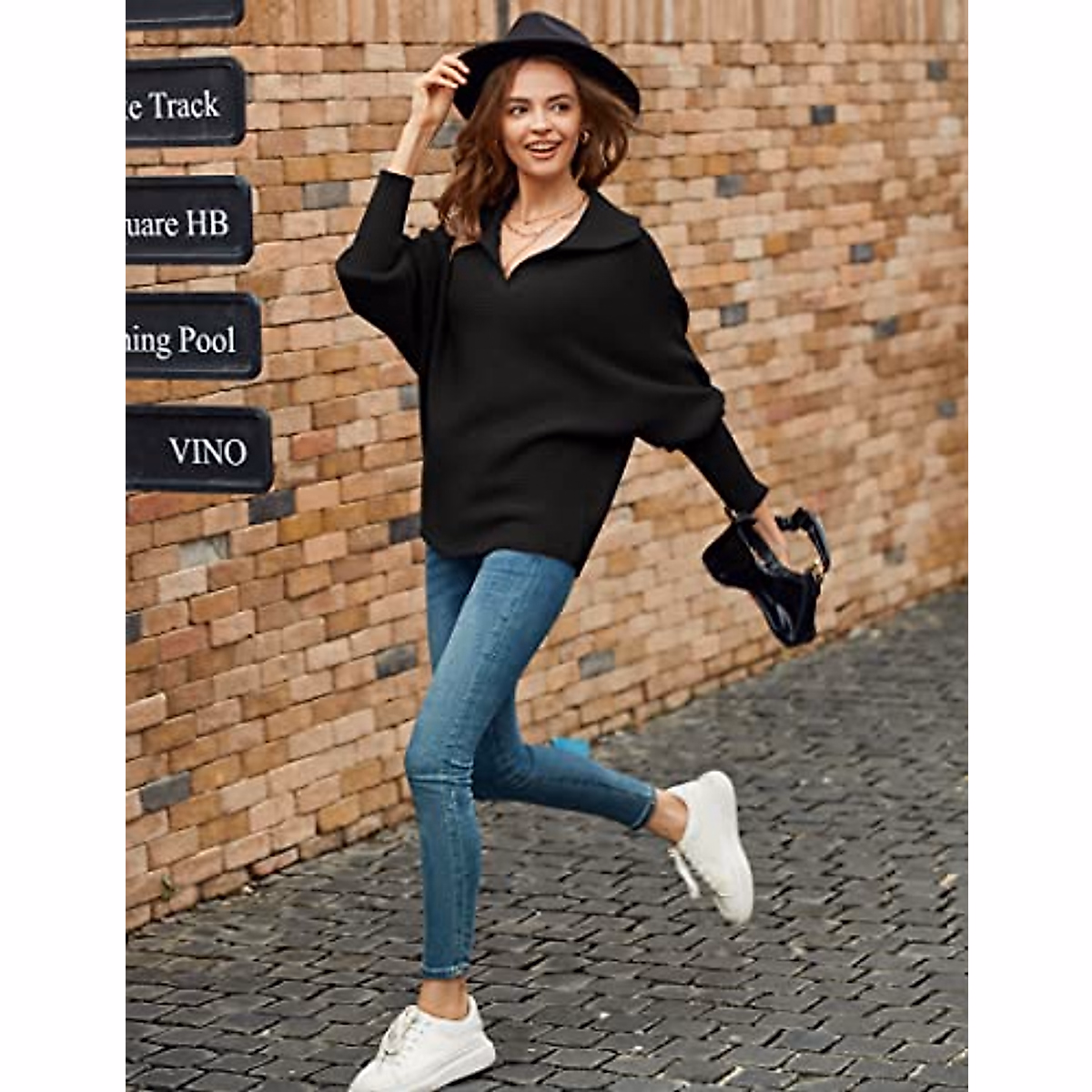 MEROKEETY Women's Batwing Long Sleeve V Neck Pullover Sweaters Foldover Collared Casual Knit Jumper Tops Black