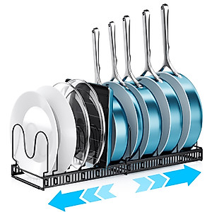 ORDORA Pot and Pan Organizer Rack for Cabinet - Expandable Cutting Board Pot Lid Organizer Holder with 11 Adjustable Dividers for Kitchen Cabinet Cookware Baking Frying Rack