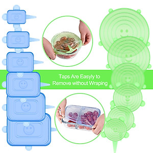 ONEGOL Silicone Stretch Lids, 12 Pcs Silicone Lids, 6 Sizes BPA-free Silicone Bowl Covers Reusable for Cups, Bowls and Dish, Flexible, Round and Rectangle Fit 2.8” - 8.2” Container, Green & Blue