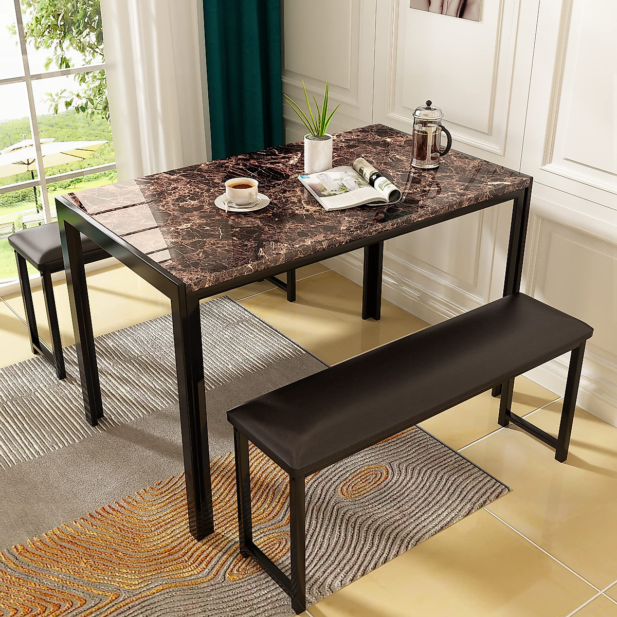 Lamerge Kitchen Tables Set for 4, Dining Faux Marble Table and 2 PU Leather Upholstered Bench, 3 Piece Dining Room Table Set for Small Space, Breakfast Nook and Apartment, Brown (Dining Table016)