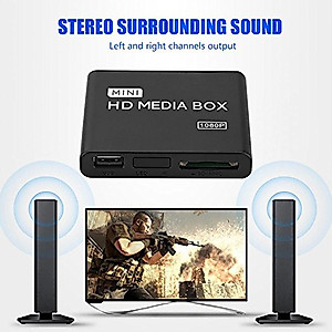 1080p HD Media Player, Mini MP4 Player Stereo Surrounding Sound with AV/HDMI/VGA/YPbPr Output with Remote Control Supports SD Cards and USB Drives Devices(US Plug)