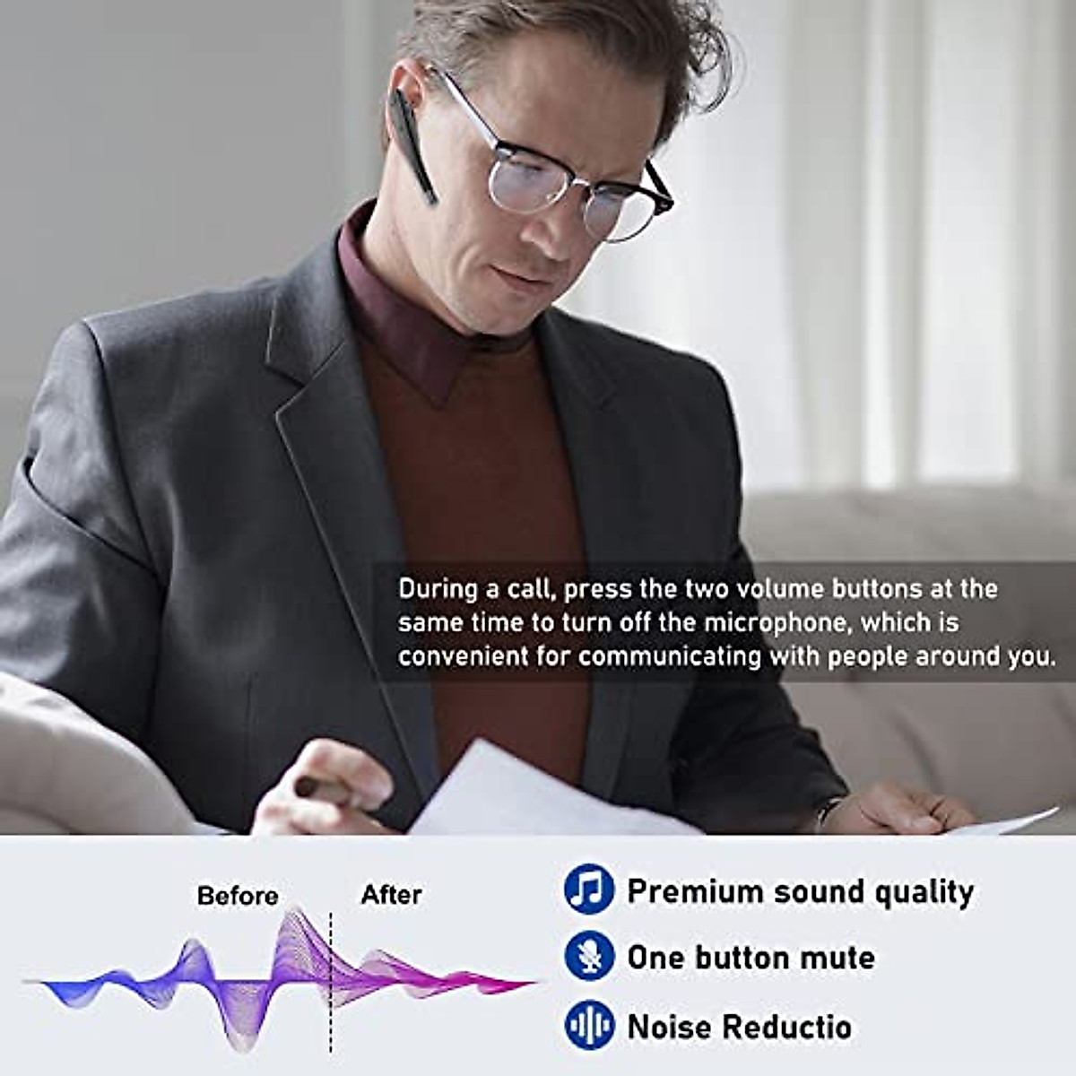 Mosonnytee Headphones Wireless Bluetooth Headset Noise Cancelling Headphones Bluetooth Headset for Cell Phones handsfree Bluetooth earpiece with Microphone Mute one Single Ear 10-Hours Usage