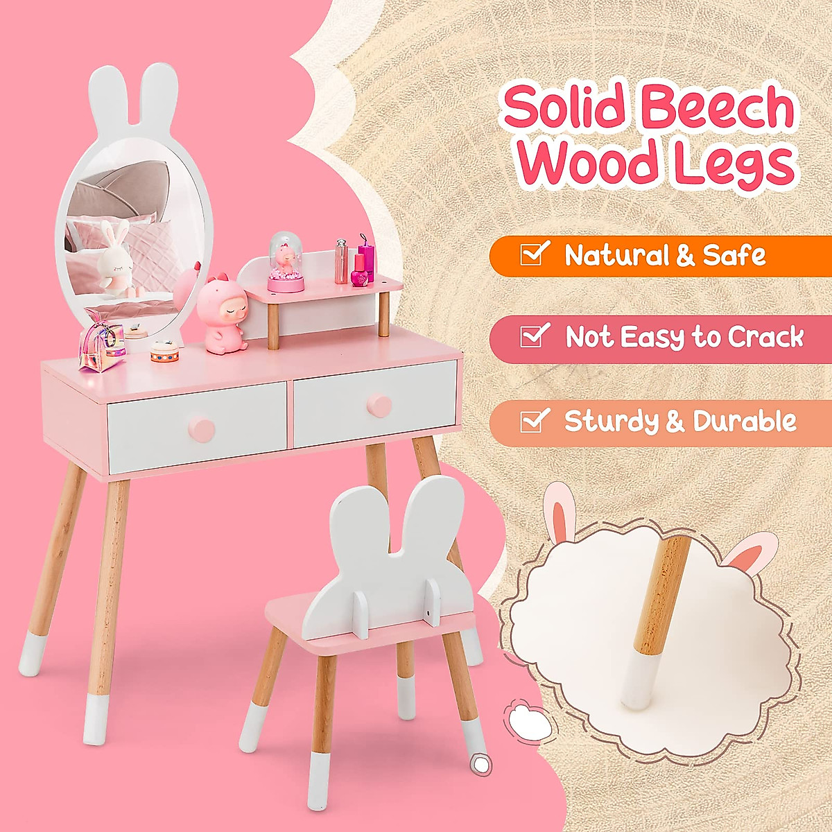 Costzon Kids Vanity Set, Girls Vanity Set with Mirror & Stool, 2 Large Drawers, Storage Shelf, Wooden Princess Makeup Dressing Table, Pretend Play Vanity Table Chair Set for Toddlers (White)