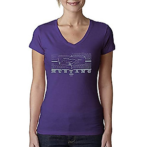 Vintage Ford Mustang Silver Honeycomb Grill Distressed Cars and Trucks Womens Junior Fit V-Neck Tee, Purple Rush, Medium