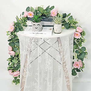 TOCHGREEN 2 Pack 13Ft Artificial Eucalyptus Flower Garland with Pink Roses, Fake Rose Flower Greenery Garland Floral Vines for Wedding Home Party Table Runner Decor (2PCS, Pink)