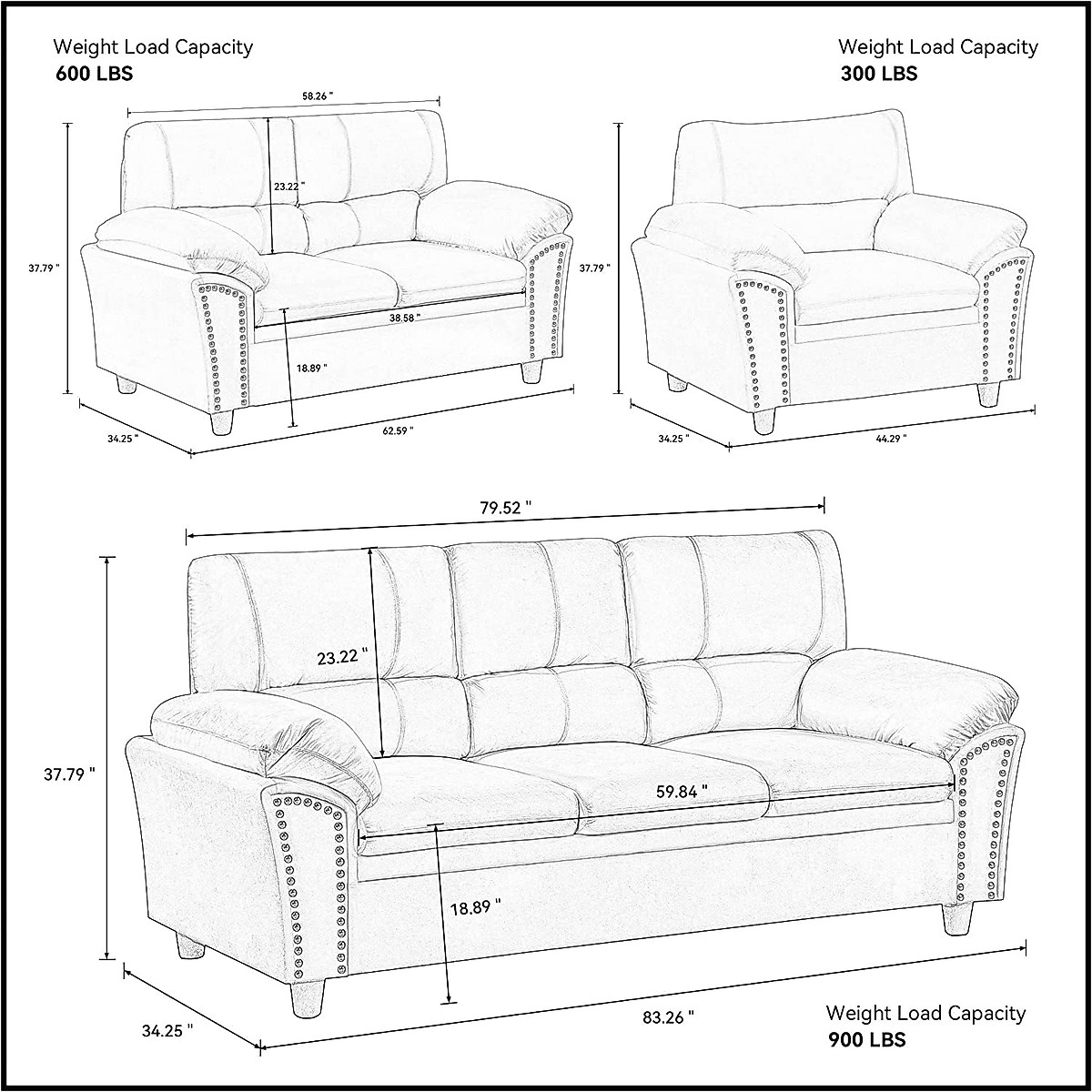 ERYE 2 Pieces Cushions Sectional Include 3 Seater Loveseat,Pillow-Top Armrest Velvet Upholstered Tufted Sofa & Couch W/Nailhead Decor for Home Office Apartment Living Room Furniture Sets, Blue 83.46"W