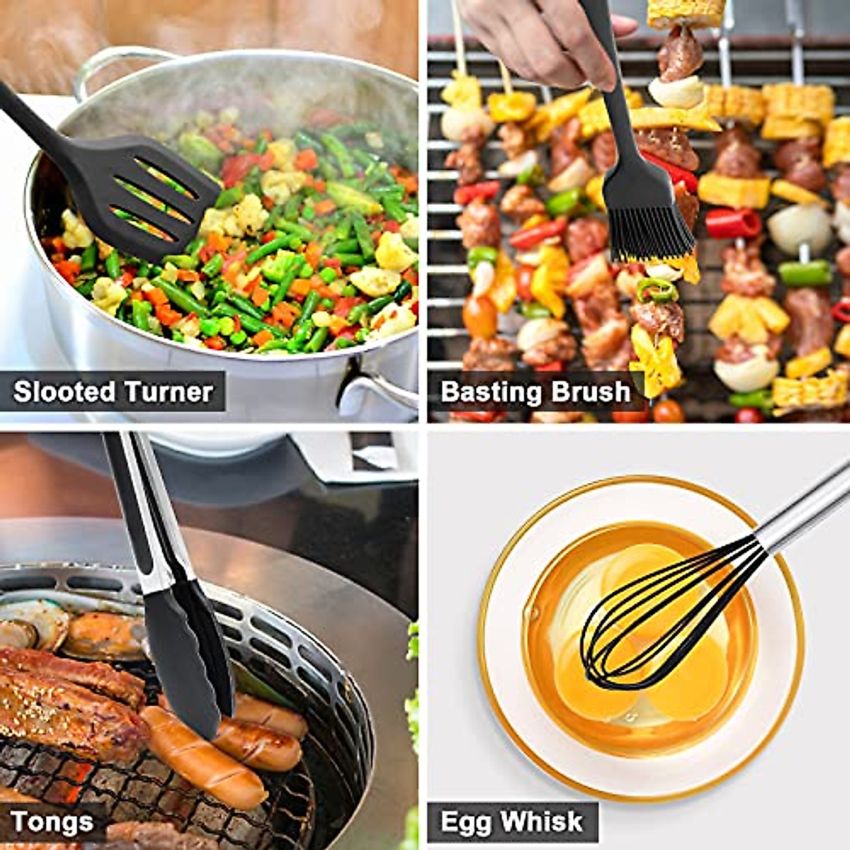 Silicone Cooking Utensils Set, 28PCS Kitchen Utensils Set with Holder, AIKWI Heat-Resistant & Non-stick Silicone Spatula, Tongs,Spoon for Cooking, BPA Free Kitchen Tools Gift (Black)