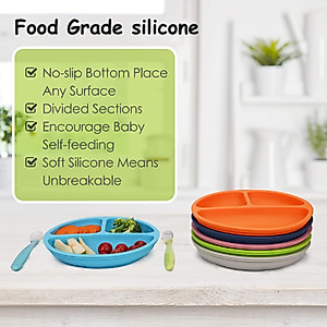 KingKam Kids Divided Plates -100% Safe BPA Free Soft Silicone Baby Toddler Plate, Dishwasher-Microwave Safe & Unbreakable Feeding set