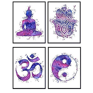 Zen Meditation Buddha Art - 8x10 Poster Set - Buddha, Yin Yang, Om, Hamsa Hand of Fatima - New Age Spiritual Gift for Buddhist, Yoga Teacher, Instructor, Studio - Unframed Wall Decor, Room Decoration