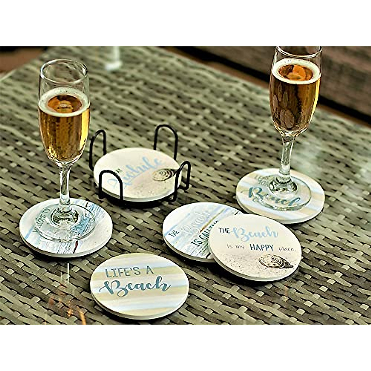 PANCHH Beach Coastal & Ocean Sea Tropical Theme Coasters for Drinks , Kitchen Decor and Gifts for Beach House and Home Beach Bars - Coasters for Wooden Table - Set of 6 with Holder , Absorbent