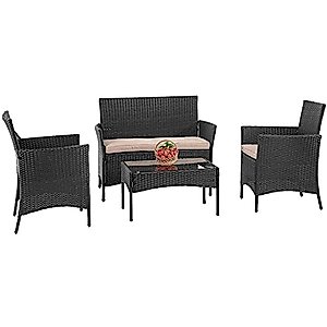 FDW Patio Furniture 4 Pieces Outdoor Indoor Use Rattan Chairs Wicker Patio Loveseats Conversation Sets with Table and Beige Cushions for Backyard Lawn Porch Garden Balcony,Black