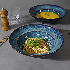 STE-CER Ceramic Pasta Salad bowl, 10" Wide Rim Soup Bowls, 48oz Deep Porcelain Pasta Plate,Set of 2,Large Serving Bowls for Kitchen,Microwave Safe(Starry Blue)