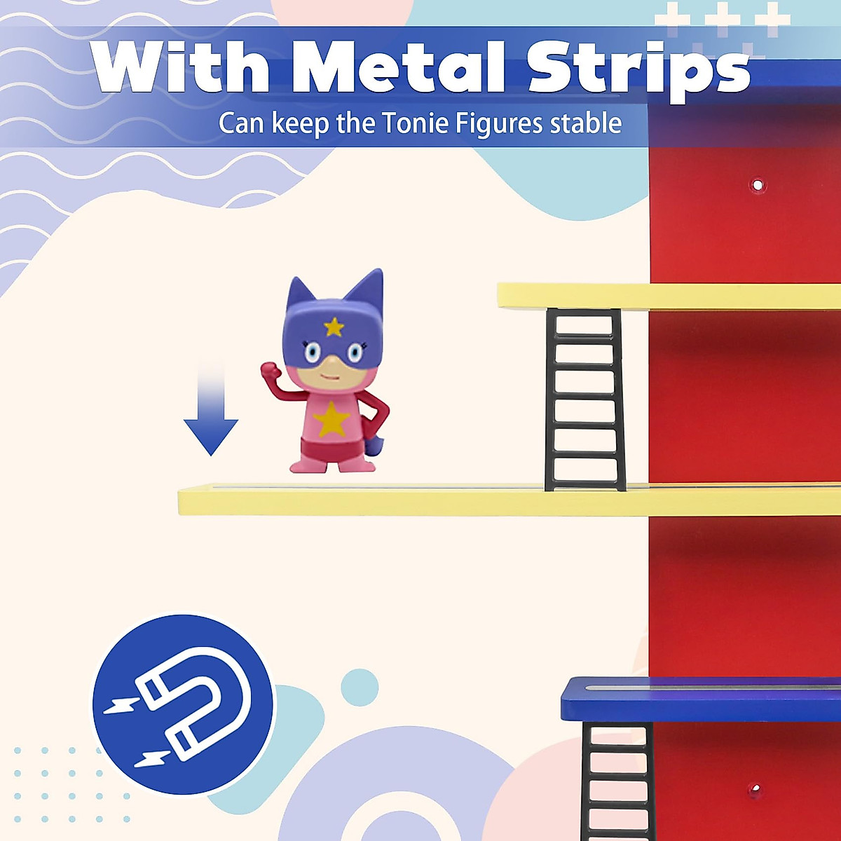 Sun3drucker Wall Shelf for Tonies, 20-35 Tonie Figures, Magnetic Wooden Floating Shelf Compatible with Toniebox MP3 Audio Player & Character, Storage Rack for Children Kids Playroom